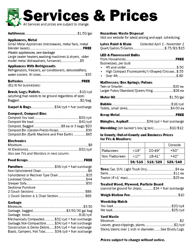 Price List | Emmet County Recycling